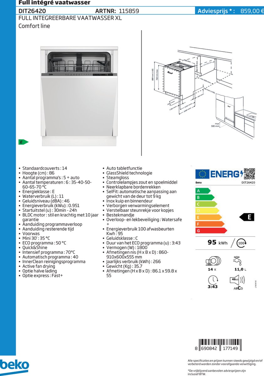 Beko DIT26420 - Volledig ingebouwd - Inbouwvaatwasser | bol