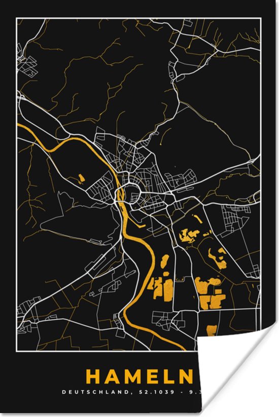 Poster Duitsland – Black and Gold – Hameln – Stadskaart – Kaart ...