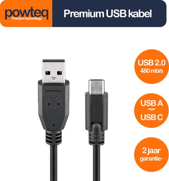 Powteq - 50 cm premium USB A naar USB C kabel - USB 2.0 | bol