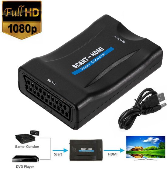 SCART (input) naar HDMI (output) adapter met kabel en voeding 5V 1A ...