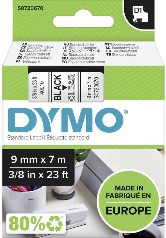 DYMO originele D1 labels | zwarte afdruk op transparante tape | 9 mm x ...
