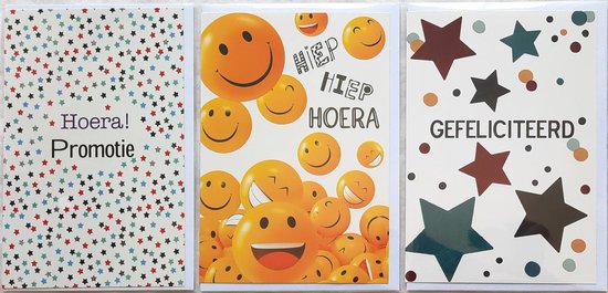 Hoera! Promotie + Gefeliciteerd + Hiep Hiep Hoera – 3 Wenskaarten - 12 ...