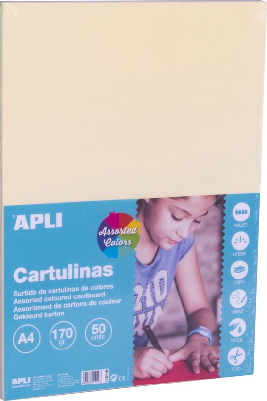 APLI Pastel Karton Assorti A4 170 g/m² - 50 vel | bol.com