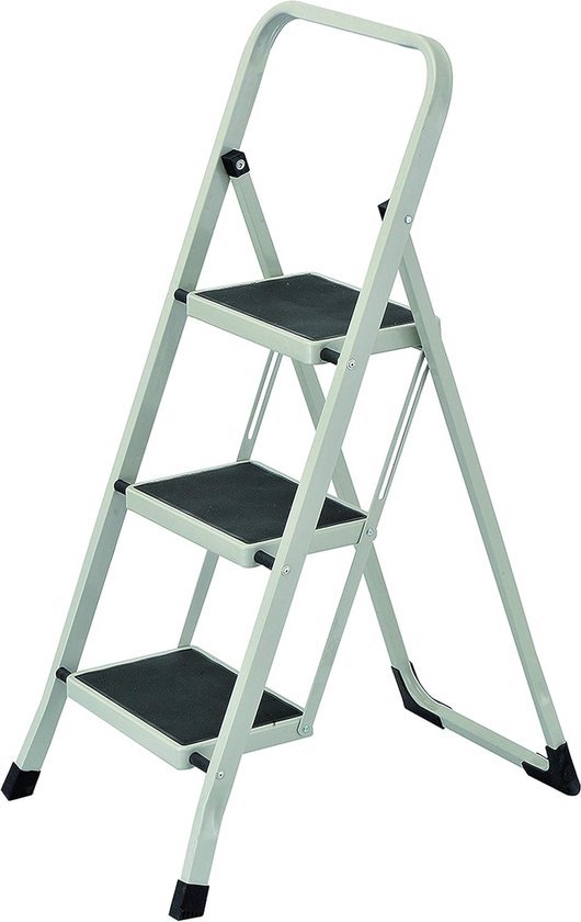 Trapladder - 3 treden - staal en rubber - wit | bol