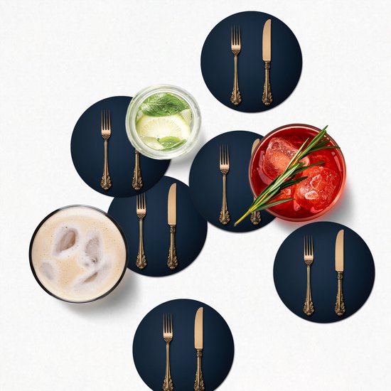 Onderzetters voor glazen - Rond - Bestek - Donkerblauw - Goud - 10x10 ...