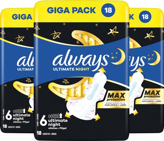 Always Ultimate Night Maandverband Maat 6 Met Vleugels - 3 x 18 stuks | bol