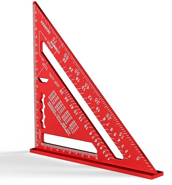 Driehoekige aluminium metrische timmermanshoek en hoekmeter (rood) | bol