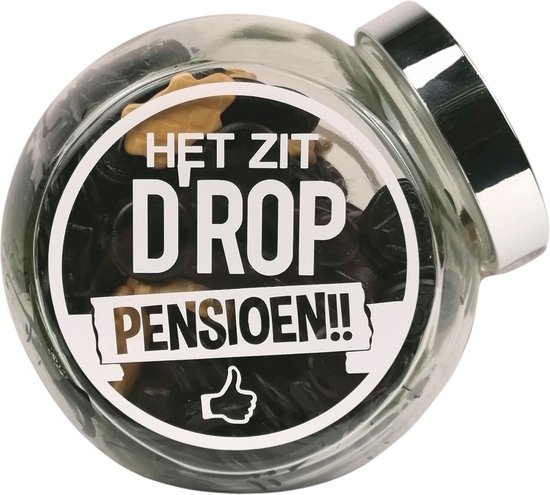 Snoeppot "Het zit d'rop - pensioen" gevuld met drop - drop cadeau ...