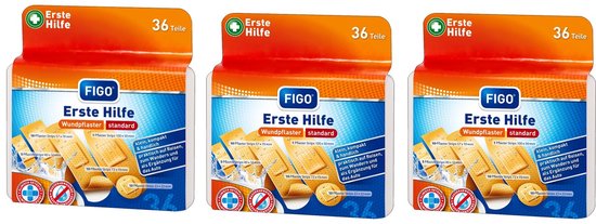 Figo | 3 x 36 stuks 1e hulp pleisters | 5 verschillende pleisters ...