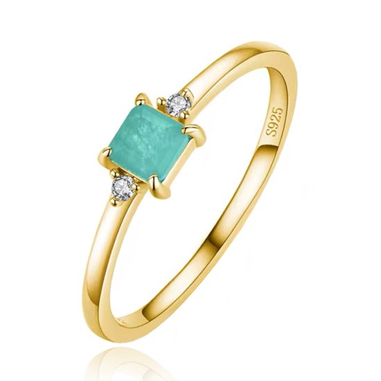 Elenza Zilveren Ring met Rechthoekige Groene Steen en Zirkonia, Verguld ...