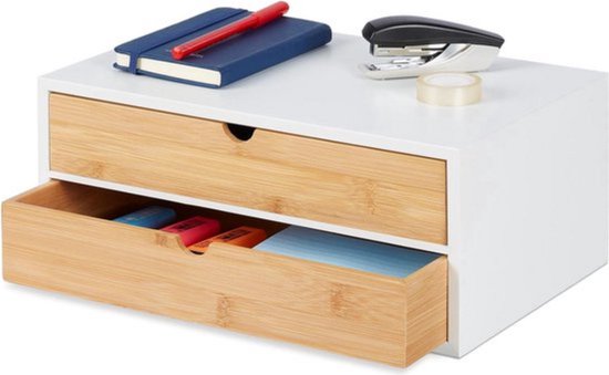 Bureau Organizer - Bamboe & MDF - Mini Ladekast - Wit/Natuur - HBD: 14 ...