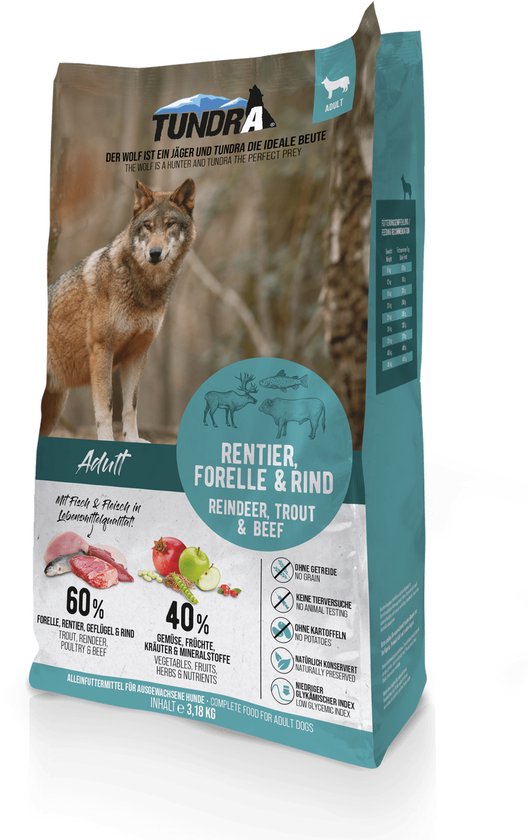 Tundra hondenbrokken rendier, forel & rund 3,18kg | bol