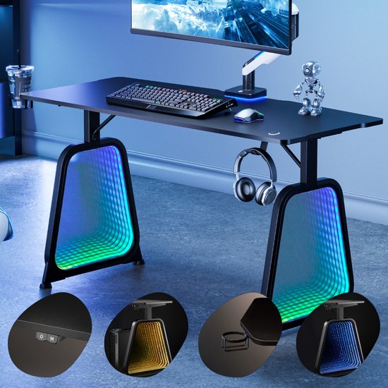 UNIEK Gaming Tafel met RGB | 136x60x75 | Cup en Headsethouder ...