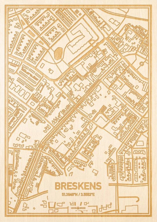 Kaart Breskens - Gegraveerde stadskaart Hood&Wood - Hout, A4 | bol.com