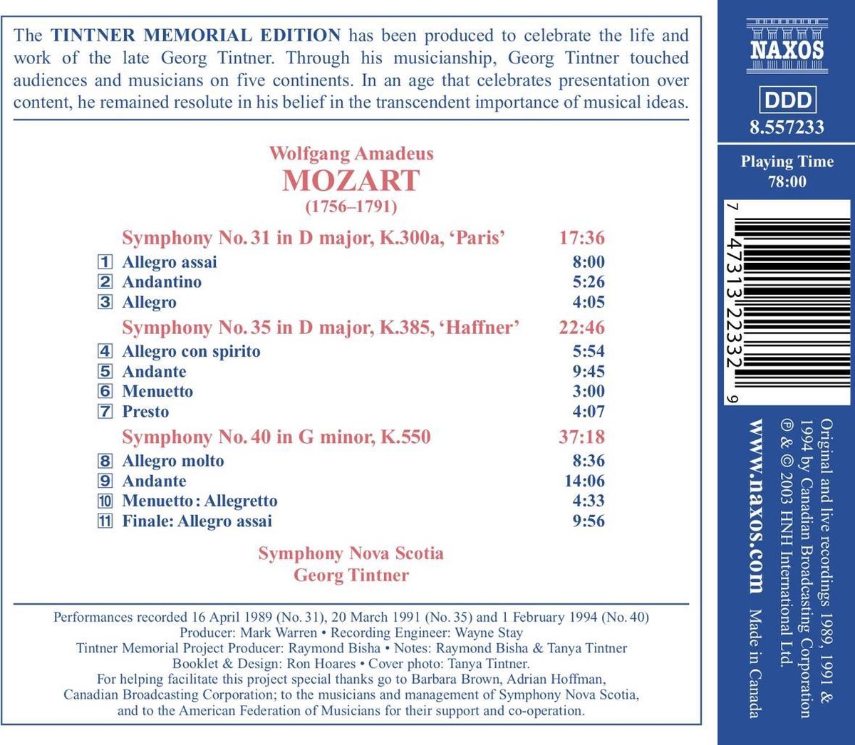 Symphony Nova Scotia, Georg Tintner - Mozart: Symphonies Nos. 31,35 ...