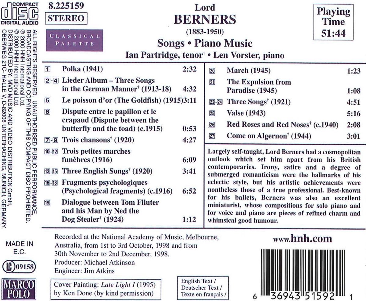 Lord Berners - Songs Piano Music, Len Vorster | CD (album) | Muziek ...