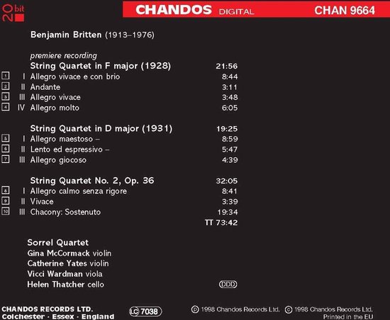 Britten: String Quartets no 2 in C, etc / Sorrel Quartet, Sorrel ...