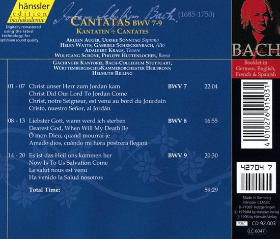 Bach-Ensemble, Helmuth Rilling - J.S. Bach: Cantatas Bwv 07, 08, 09 (CD ...