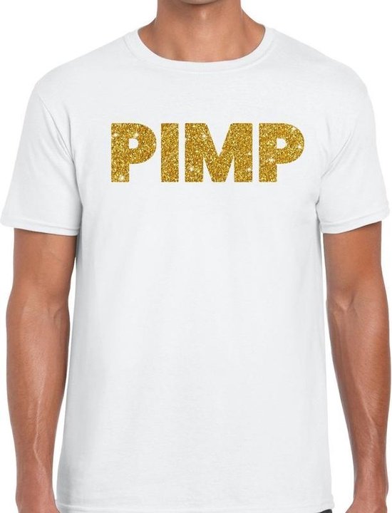 Pimp gouden glitter tekst t-shirt wit heren - heren shirt Pimp XXL ...