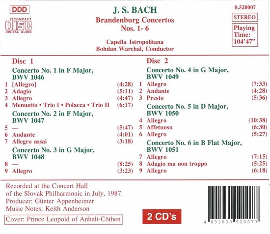 Capella Istropolitana - J.S. Bach: Brandenburg Concertos Nos. 1-6 (2 CD), Camerata Of... | bol