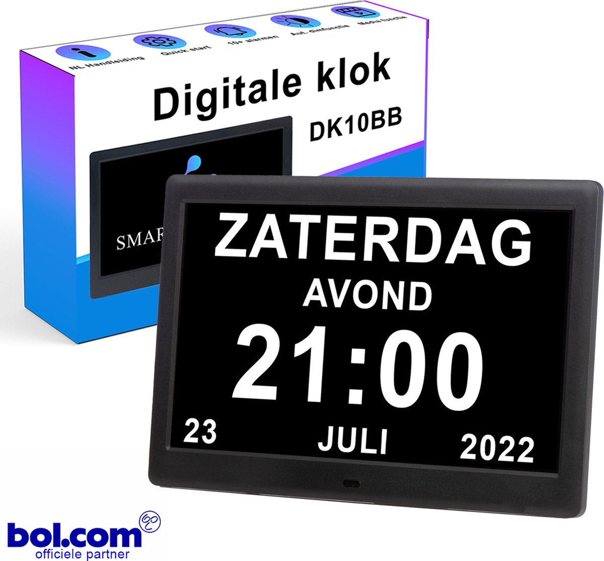 Dementieklok Extra Groot - 10 inch HD display - Kalenderklok met Datum ...