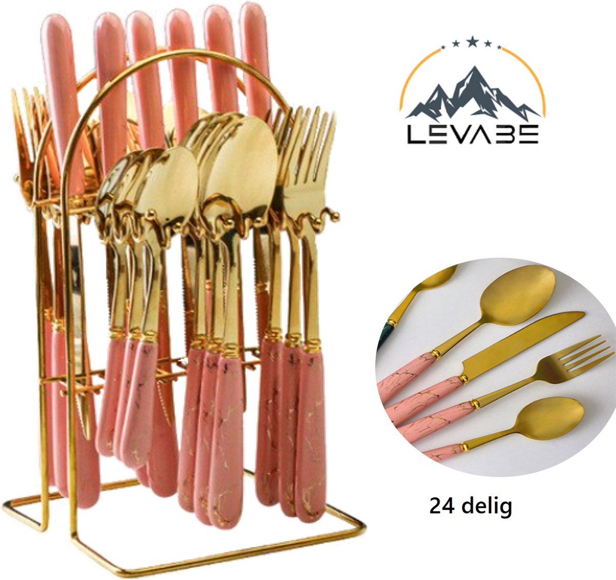 Levabe Keramisch 24 Delig Bestek set - Goud - 6 Persoons - Gouden ...