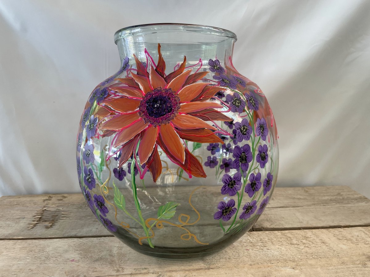 Handbeschilderde design bol vaas met bloemen op glas | bol.com