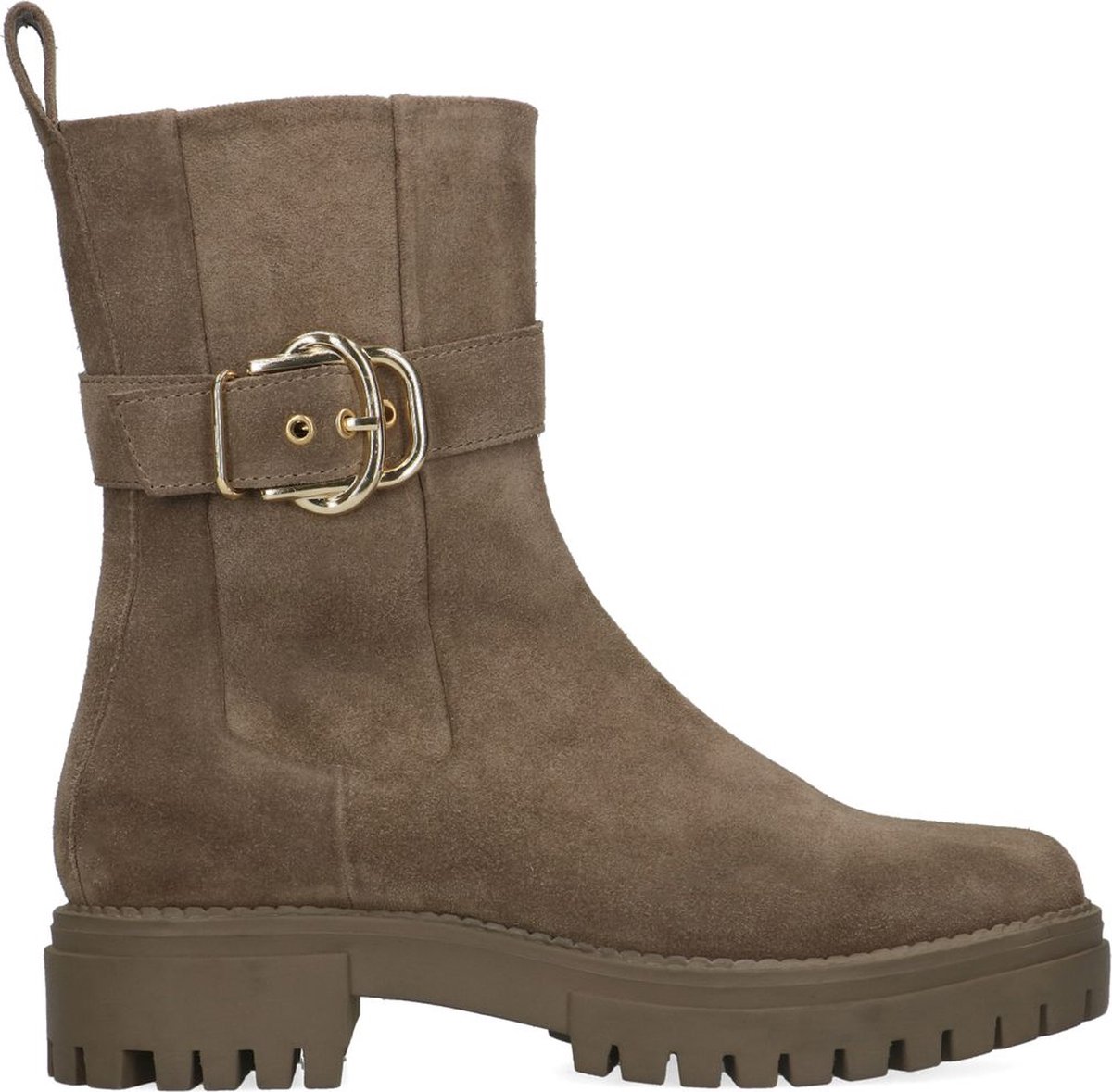 Manfield - Dames - Taupe suède boots met goudkleurige gesp - Maat 39 ...