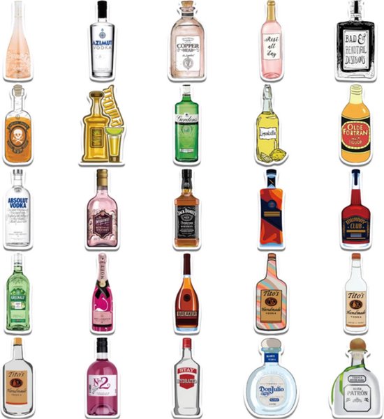 50 Alcohol flessen met Drank/Wijn/Bier Stickers - Stickermix voor ...