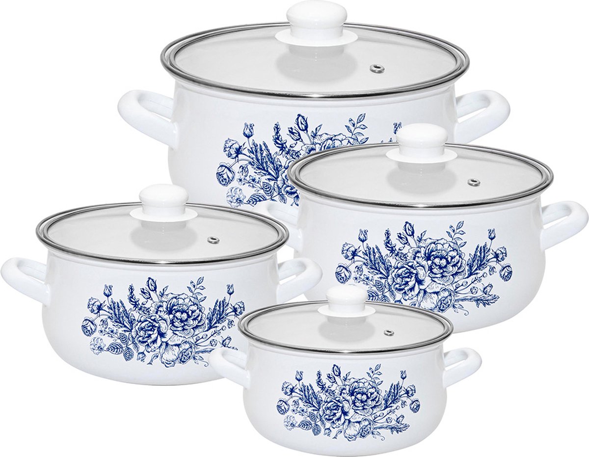 Silesia Klara 8 delige emaille pannenset retro wit Elisabeth - Pannen ...