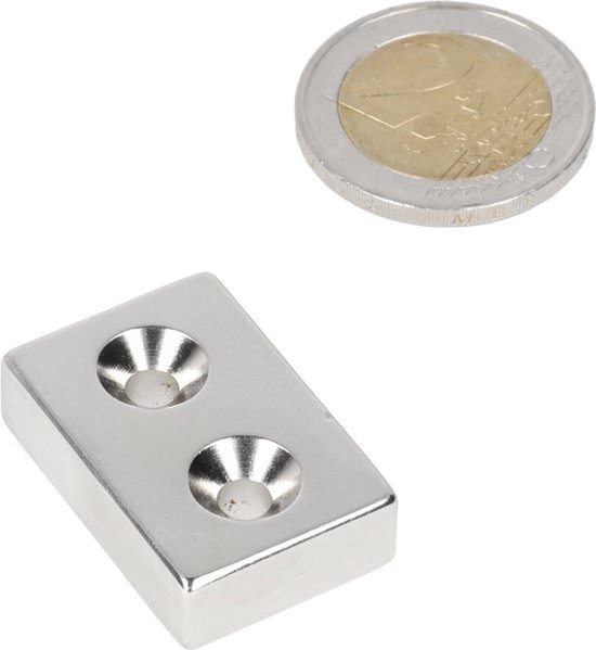 Neodymium Blokmagneet 30x20x8 mm, N48 met 2x verzonken gat 4.5 mm ...