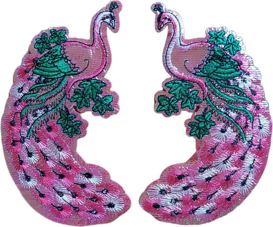 Patch - Strijkembleem - Pauwen - links en rechts - 15 x 8 cm - Roze ...
