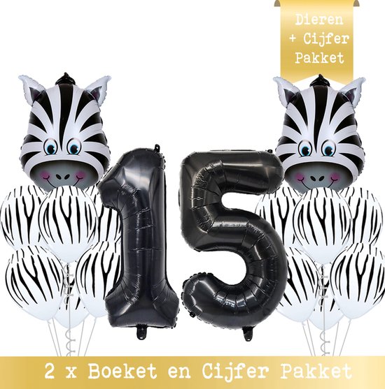 Snoes * Cijfer Ballon 15 Jaar Zebra Jungle Thema Ballon Boeketten Set ...