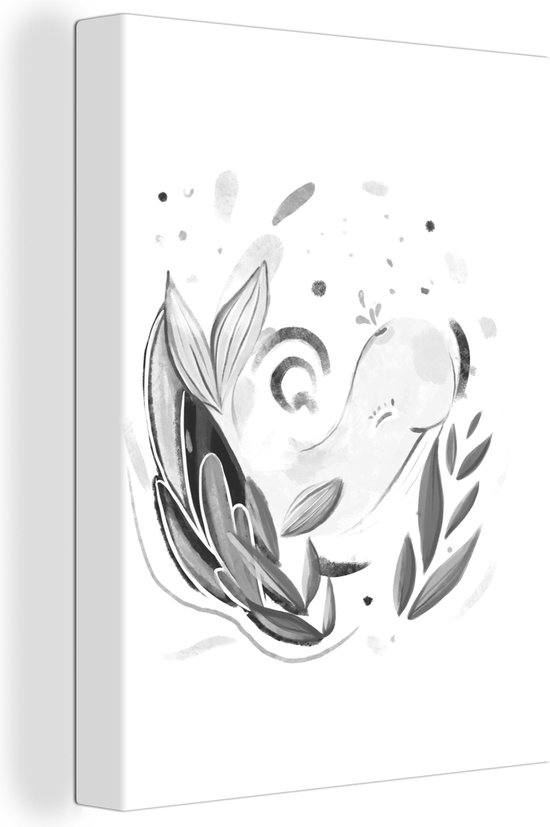 Canvas Schilderij tekening van een walvis tussen de planten - zwart wit ...