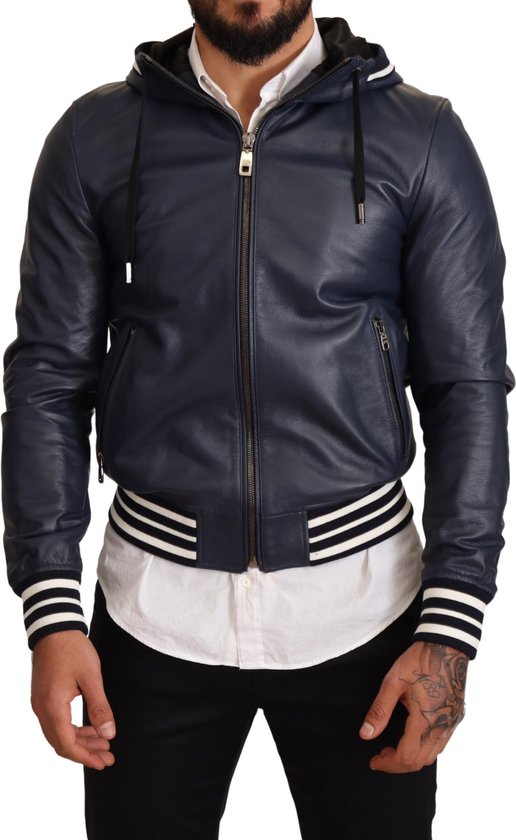Dolce & Gabbana - Blue Leather Hooded Short Bomber Jacket | bol