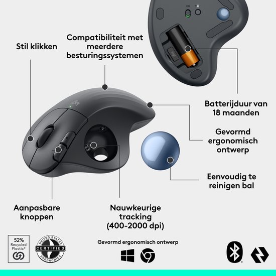 Logitech Ergo M575S Trackball Muis - Draadloos - Ergonomisch - Graphite ...