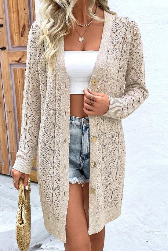 Lange Gehaakte Vest Dames - Dames Vest - Geknoopt - Beige - Maat XL | bol