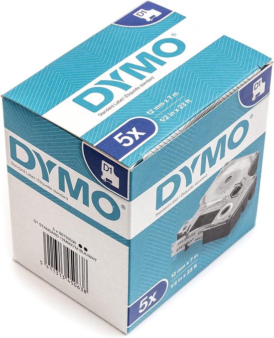 Dymo D1 labeltape - 12 mm x 7 m - Zwart op wit - 5 stuks | bol