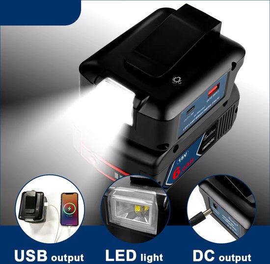 Bosch 18V Batterij Adapter - USB / USB-C poort LED zaklamp DC output | bol