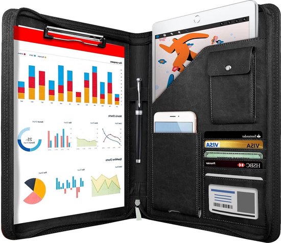 Conferentiemap van leer A4 documentenmap - voor reizen en werk - zwart ...