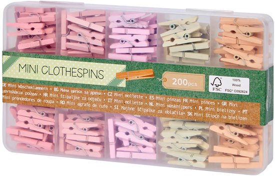 200 Houten Mini Wasknijpers in opbergdoos roze kleuren - Mini Knijpers ...