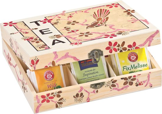 Theedoos met 9 vakken voor theezakjes - Houten theekist met klapdeksel ...