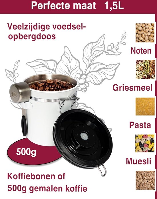 Airtight Stainless Steel Coffee Tin 500g - White - 1.5L Coffee Beans ...