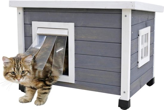 Rustica kattenhuis - wit/grijs houten kattenhuis met draaideur en ...