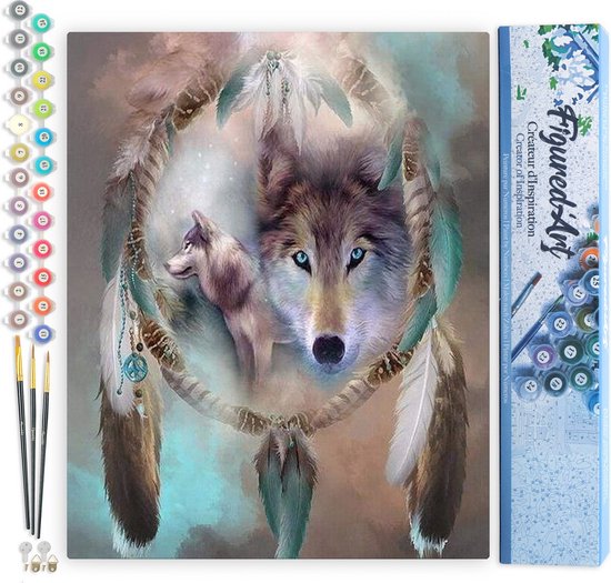 Figured'Art Schilderen op Nummer Volwassenen canvas Wolven en veren - Handwerk... | bol