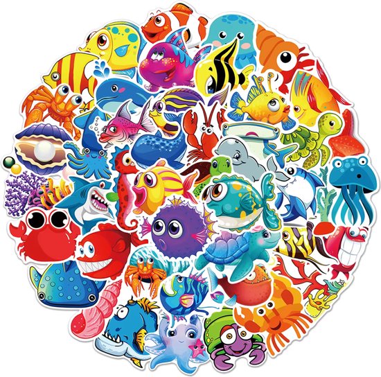 Schattige Zeedieren Stickers - 50 stickers 3x4CM - Vissen, Zeester, Kwal, Octupus,... | bol