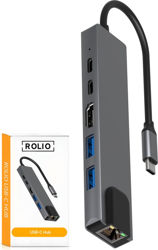 Rolio USB C Hub - 1x HDMI 4K - 1x Ethernet - 2x USB-C - 2x USB-A - USB Splitter -... | bol