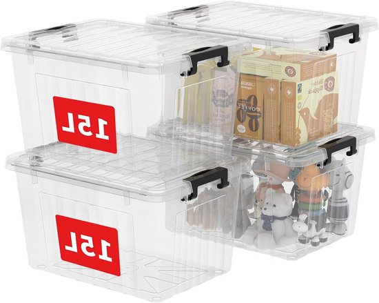 15L x 4 opbergdozen met deksels - plastic opbergbakken - vergrendelende ...