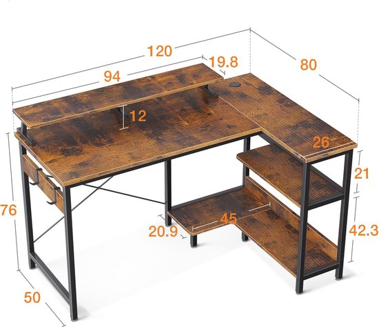 L-vormig Bureau met Plank, Reversibel Hoekbureau, 120 x 80 x 88 cm ...
