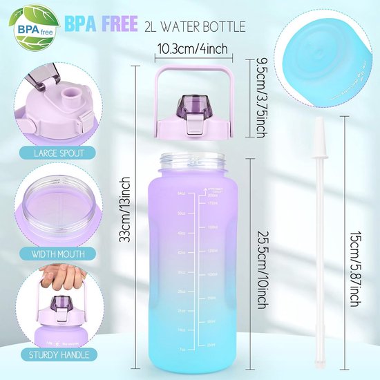 2L BPA Gratis Waterfles met Tijdmarkering en Lekvrije Deksel - Sport ...